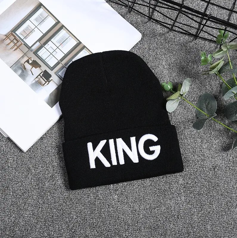 King Black with White Embroided Beanie Knitted Hip-Hop Fashion Hats ...