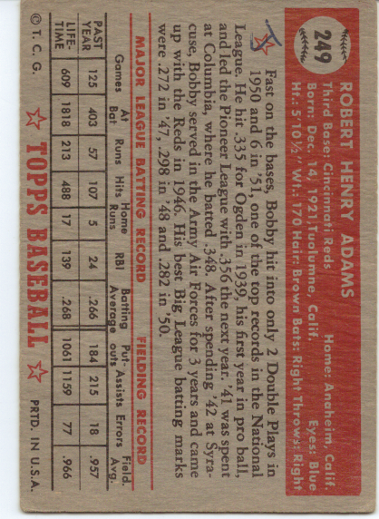 1952 Topps #249 Bobby Adams-Cincinnati Reds VG/EX | eBay