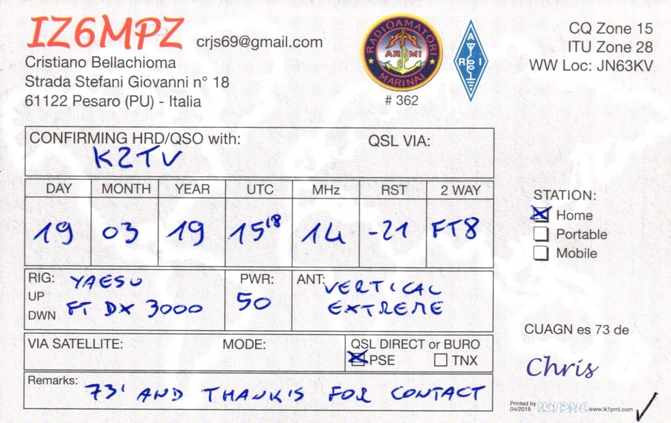 Pesaro Italy IZ6MPZ Amateur QSL Radio Postcard | eBay