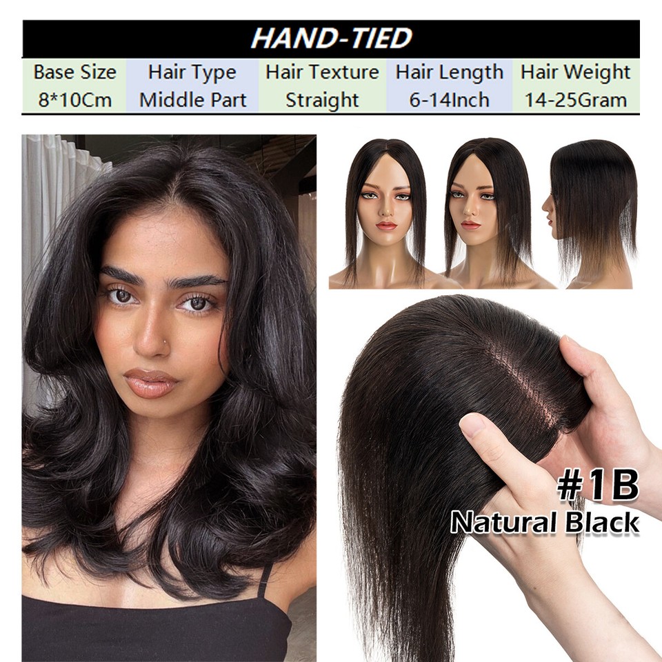 Real Remy Human Hair Toppers Toupee Extensions Clip in Top Middle Part ...