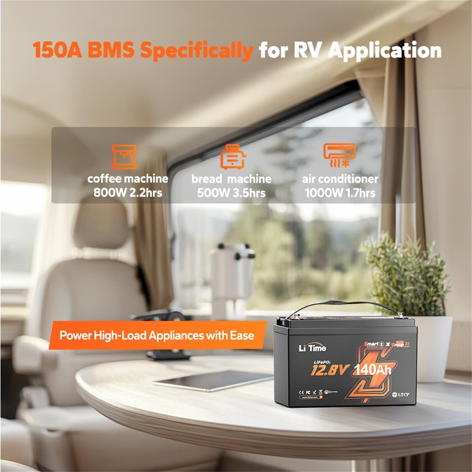 LiTime 12V 140Ah Bluetooth LiFePO4 Lithium Battery 150A BMS For RV ...