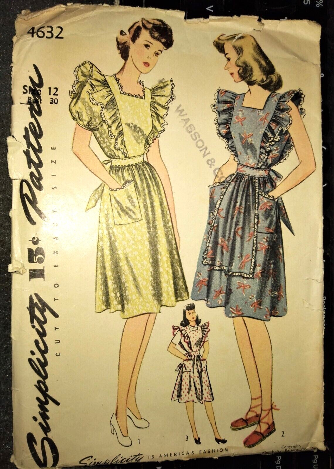 1940s original vintage pattern Simplicity 4632~APRON DRESS ruffles ...