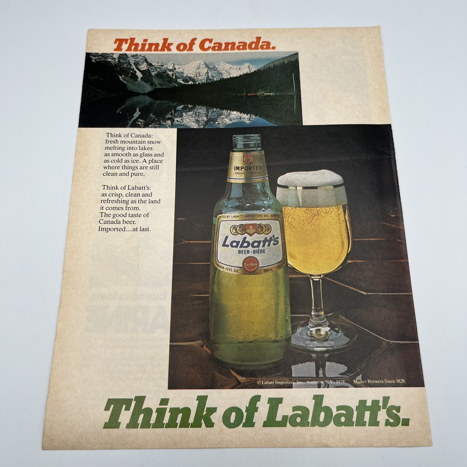 1979 Labatt's Beer Vintage Print Ad 8"x11" think of Canada think of ...
