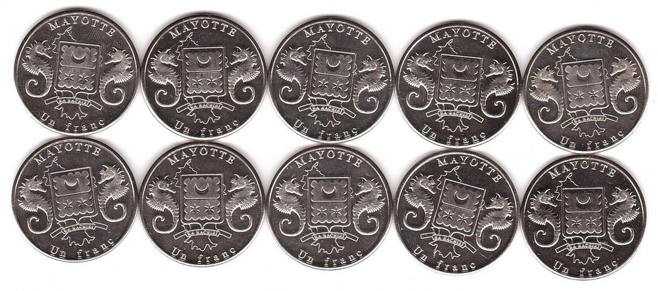 Mayotte - set 10 coins x Un franc 2015 - 2019 UNC Dinosaurs Lemberg-Zp ...