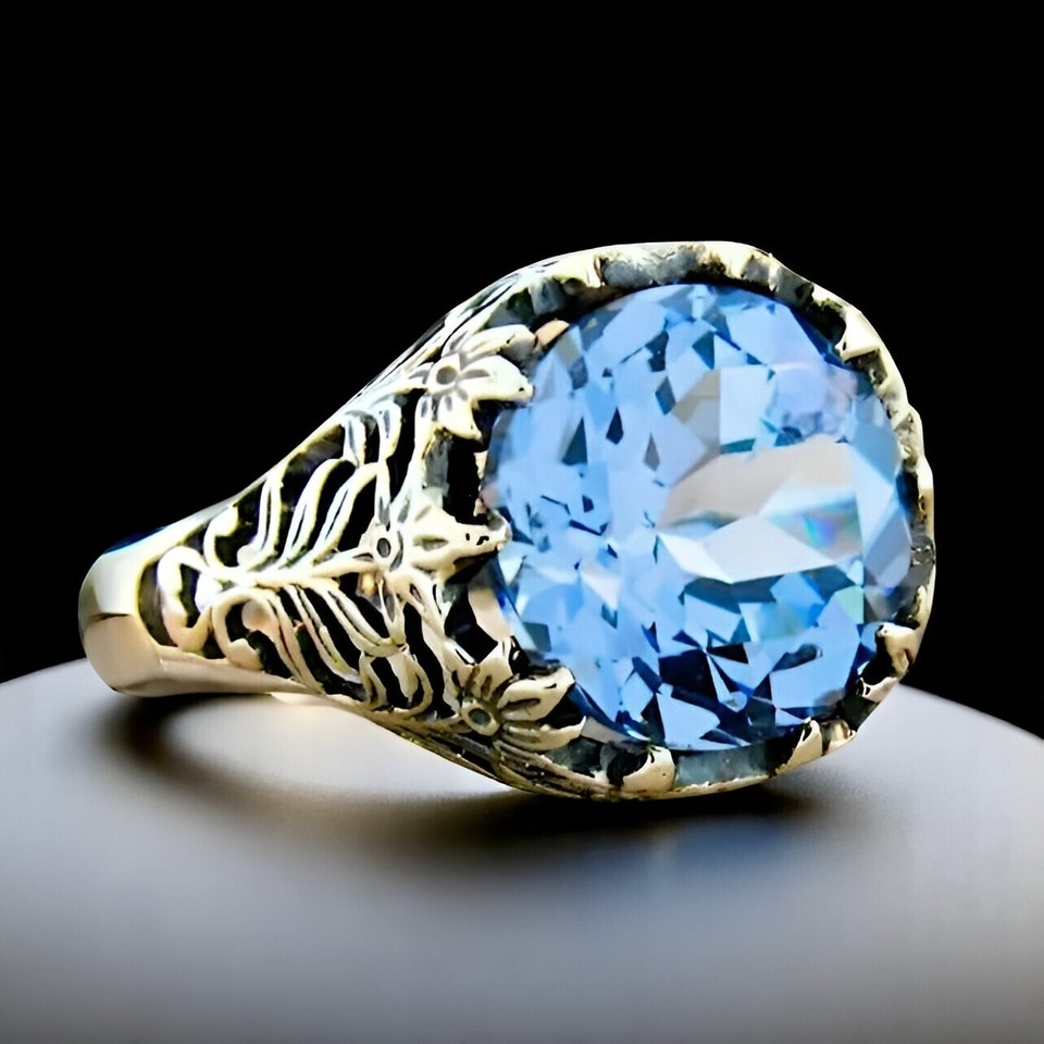 4 CARAT AQUAMARINE BLUE COLOR 925 STERLING SILVER ANTIQUE STYLE RING ...