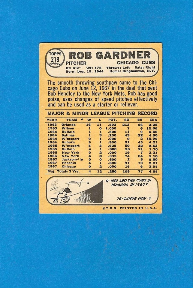 1968 Topps #219 Rob Gardner Cubs EX to Near MINT | eBay
