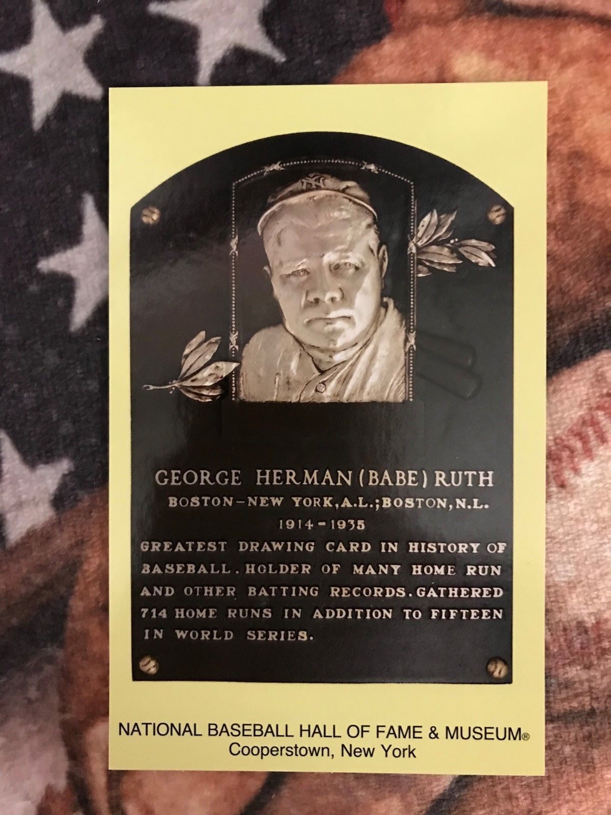 Babe Ruth Postcard- Baseball Hall of Fame Induction Plaque ...
