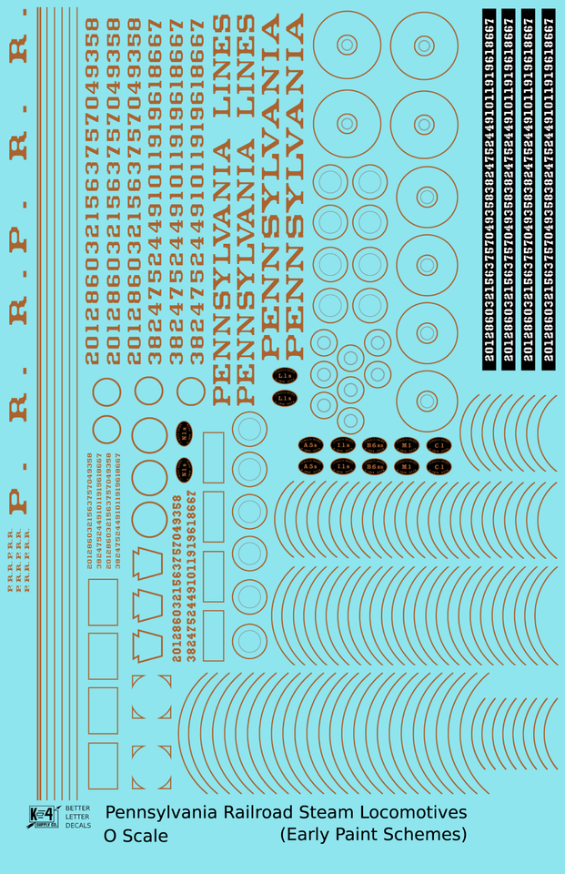 K4 O Scale Decals Pennsylvania PRR Early Striped Steam Locomotive Gold ...