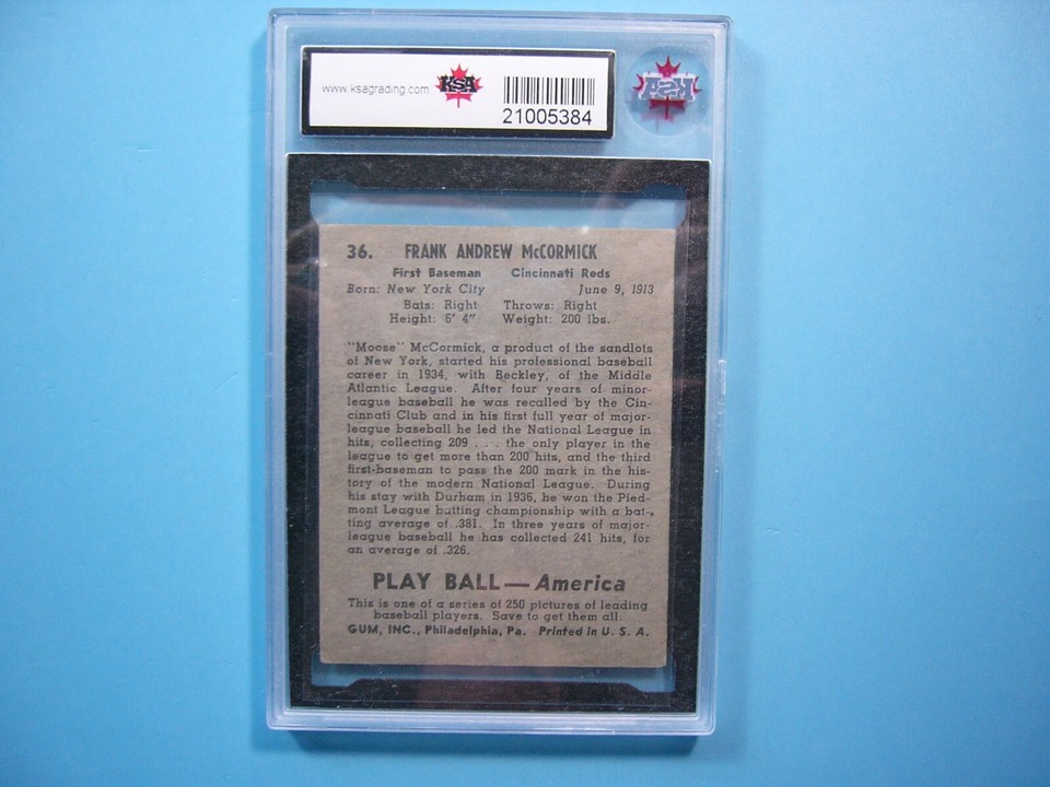 1939 PLAY BALL GUM INC BASEBALL CARD #36 FRANK MCCORMICK ROOKIE RC KSA ...