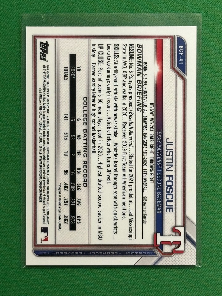 2021 Bowman Sapphire Edition Justin Foscue #BCP-41 Chrome Prospects ...