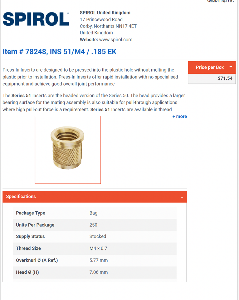 100 SPIROL 51/M4 Brass Inserts for Plastic Reinforcement M4 x.7 3D ...
