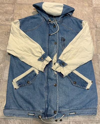 Vintage Chore Jacket Blue Jean Denim Hooded Color Block Pockets Large L ...