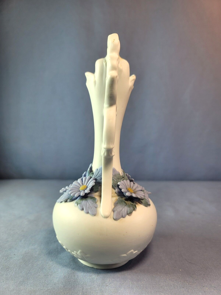 Blue Ewer Flowers Bud Vase Vintage Raised White Ceramic Applied ...