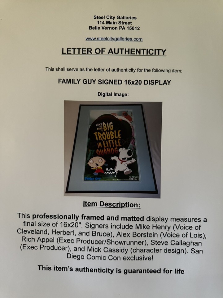 Family Guy Signed Autographed Poster w/COA, Lois Stewie Peter Griffin ...