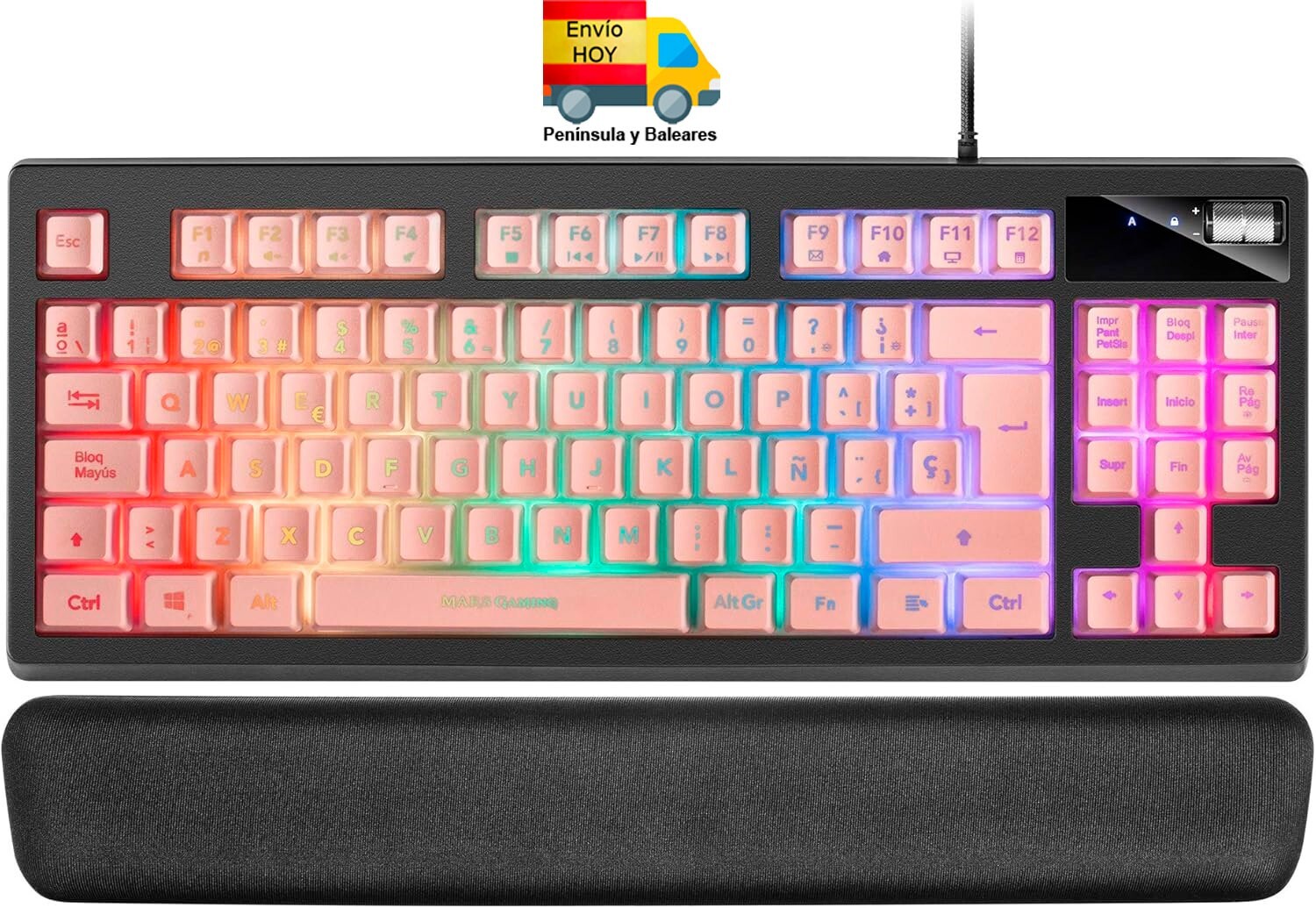 TECLADO GAMING ROSA CABLE USB ILUMINACION LED RGB CONTROL VOLUMEN ...
