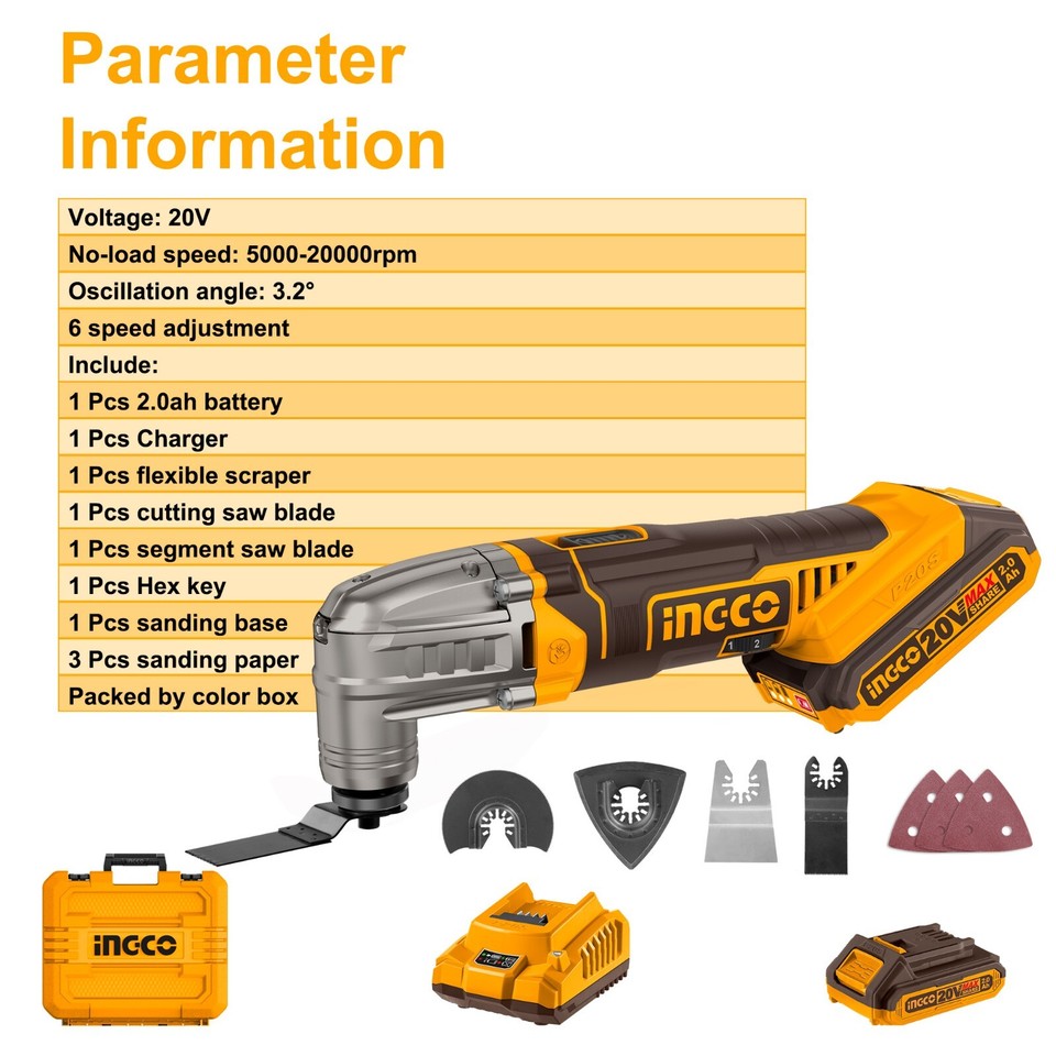 INGCO Cordless Multi Tool with 1pcs 2.0Ah Battery 20V DIY Oscillating ...