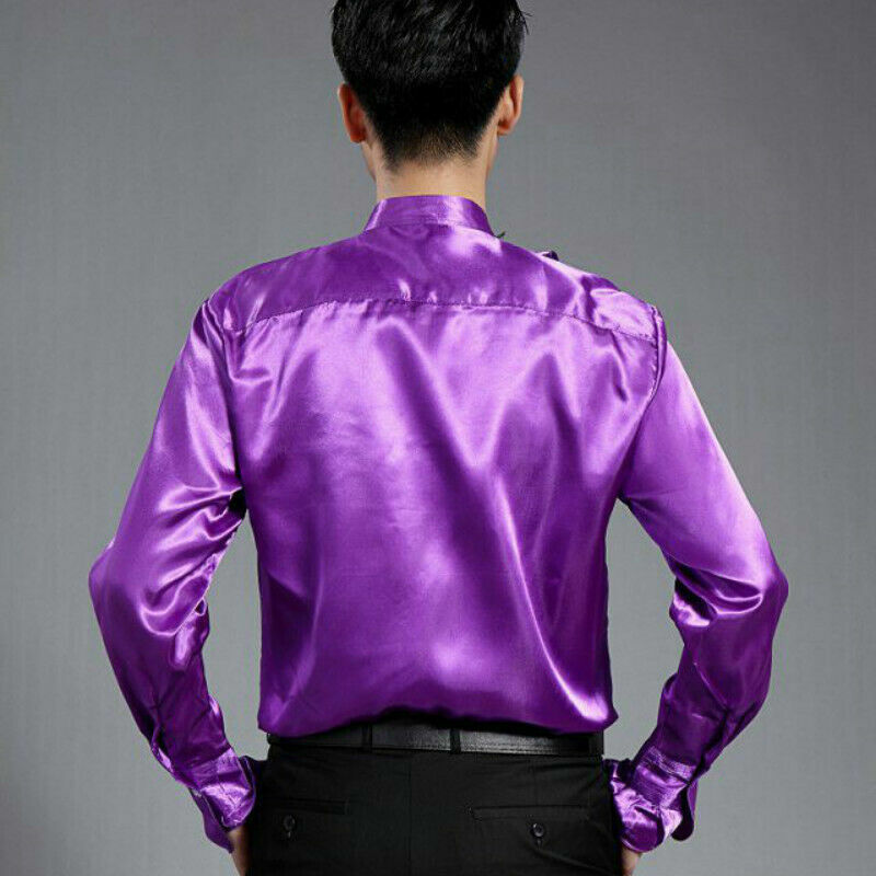 Men's Silky Satin Dress Shirt Tops Ruffle Collar Fancy Stage Costume ...