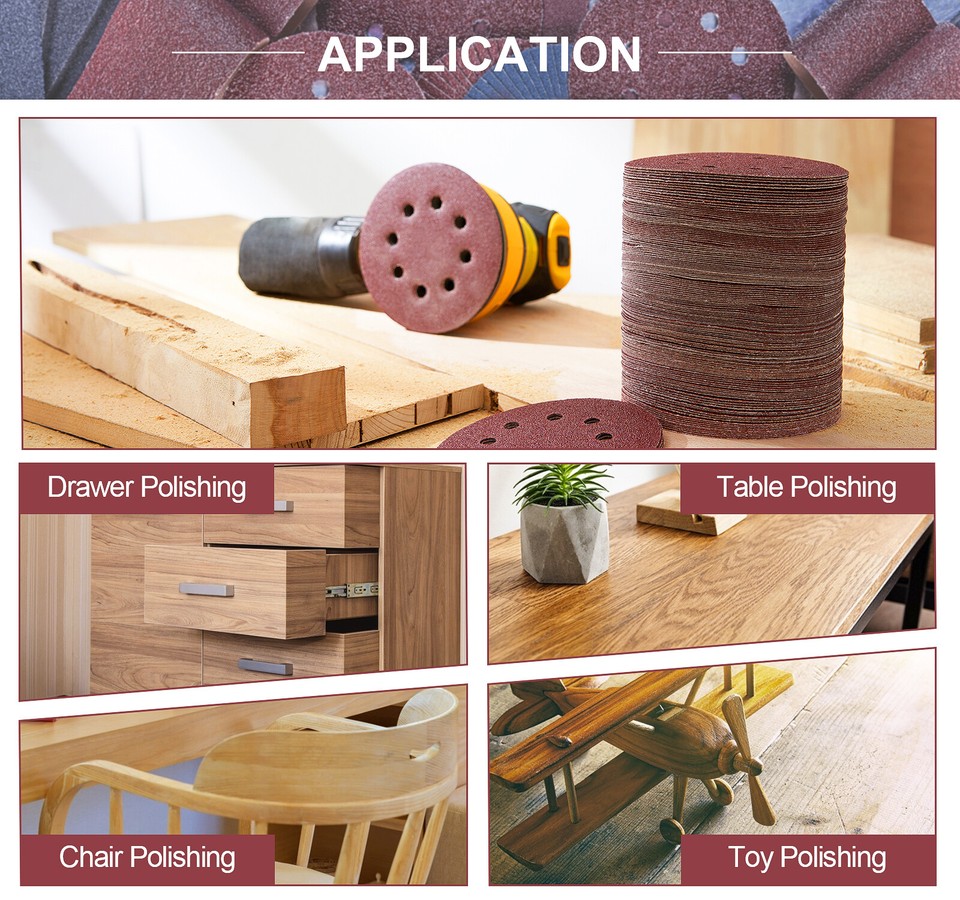 150 PACK 120 Grit 5 inch Sanding Discs Hook Loop 8-Hole Orbital Sander ...