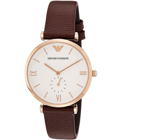 Emporio Armani AR9042 Rose Gold Tone White Dial Brown Leather Band Mens ...