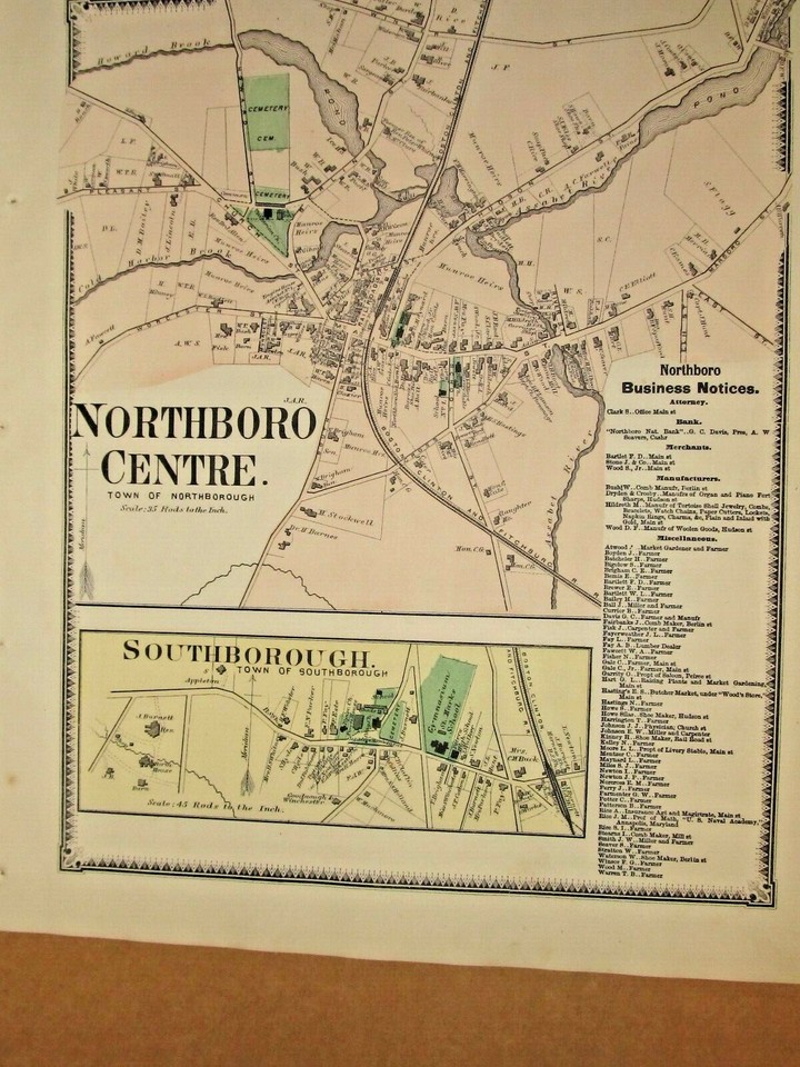 1870 NORTHBORO CENTER & SOUTHBOROUGH , MA., MAP, REMOVED FROM THE BEER ...