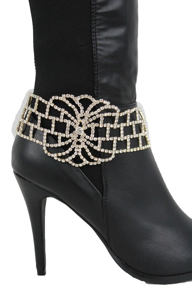 Women Fashion Gold Metal Chain Boot Bracelet Shoe Bling Floral Wide ...