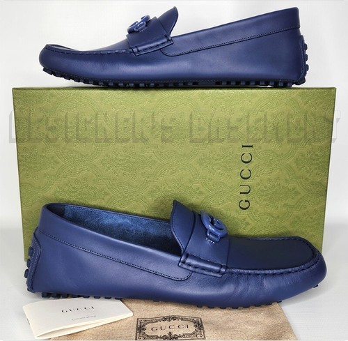 GUCCI men 14 blue leather DAMO Interlocking GG Drivers Moccasin Loafer ...