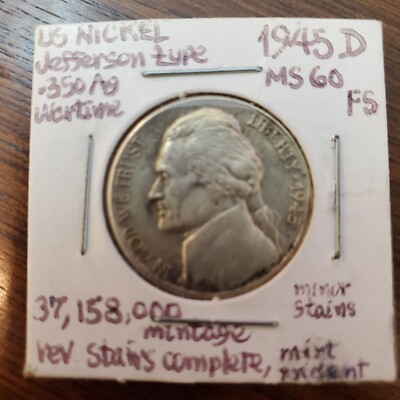 1944p Jefferson 35% Silver War Nickel Indent on Stairs Rare Mint Error ...