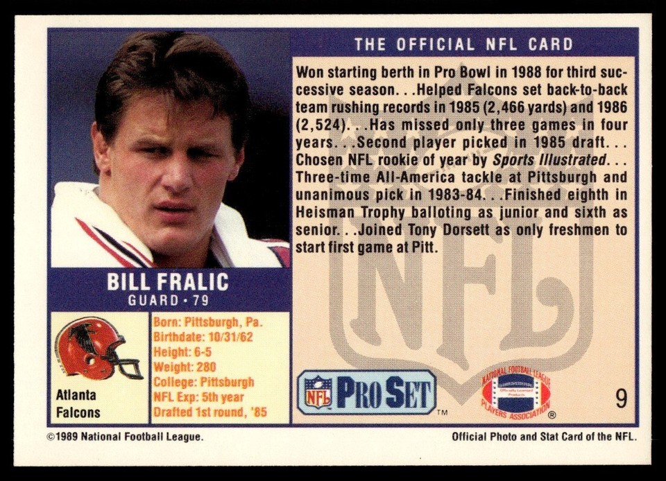 1989 Pro Set Bill Fralic Atlanta Falcons #9 | eBay