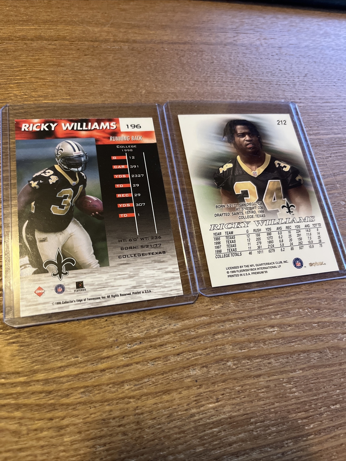 RICKEY WILLIAMS RC 1999 Skybox Premium #212 & Edge Fury #196 Saints ...