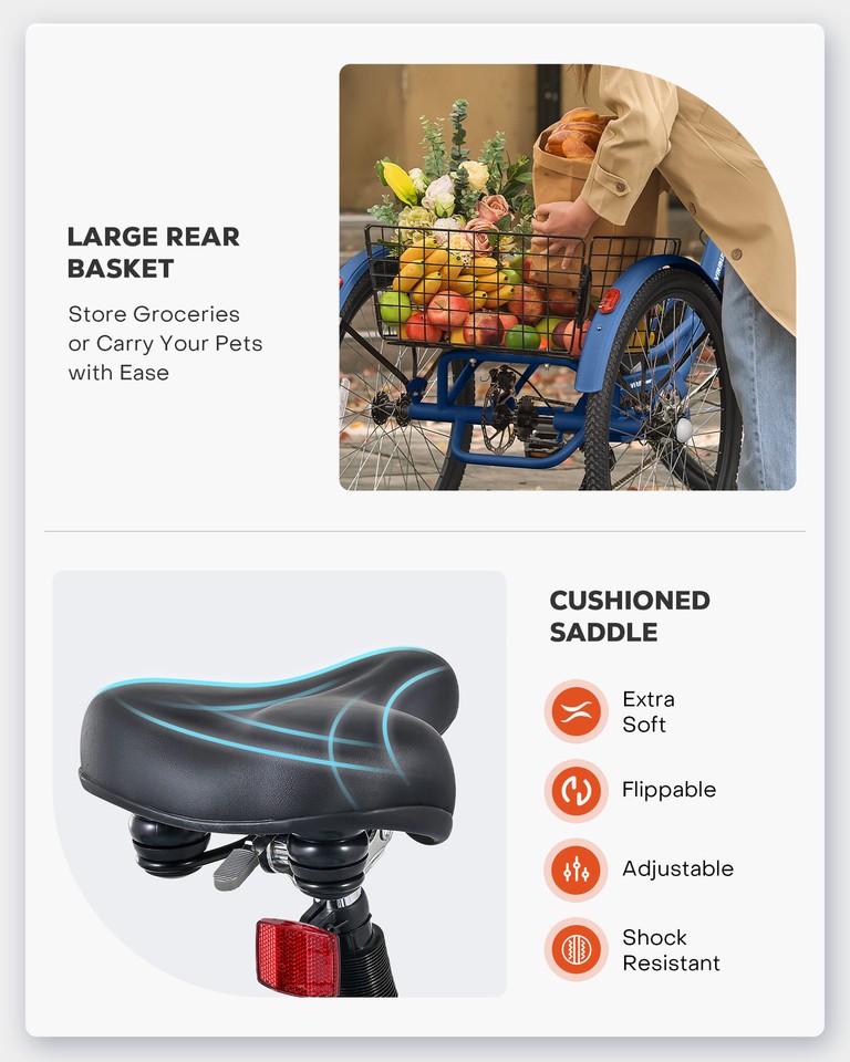 VIRIBUS 350W Dual Chains 7 Speed 24"/26'' Electric Adult Tricycle Trike ...