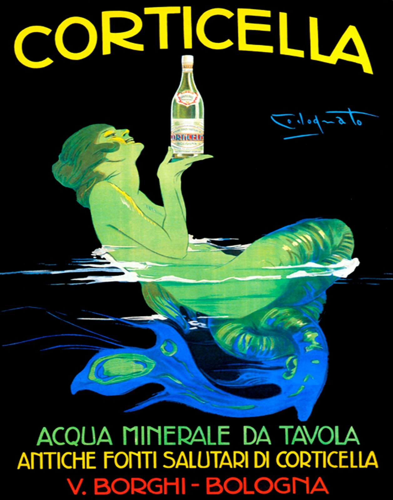 POSTER CORTICELLA MINERAL WATER MERMAID BOLOGNA ITALY VINTAGE REPRO ...
