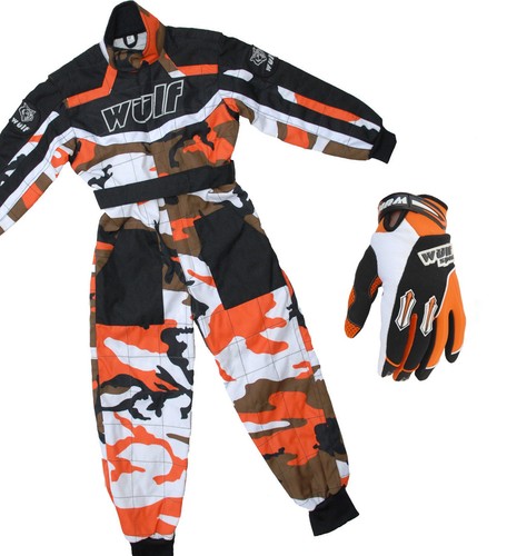 Kids Wulfsport Wulf MX Quad Motocross Overall And Gloves Orange Camo ...