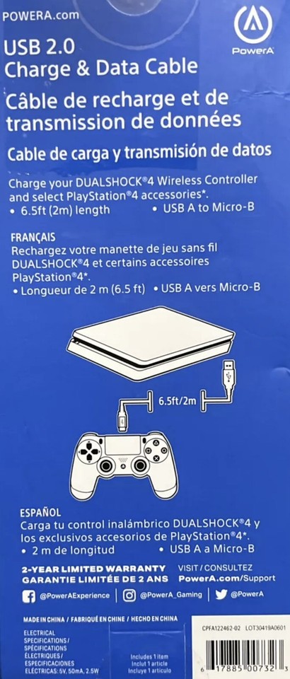 PowerA USB Charging & Data Cable for PlayStation 4 - 6.5 Feet ...