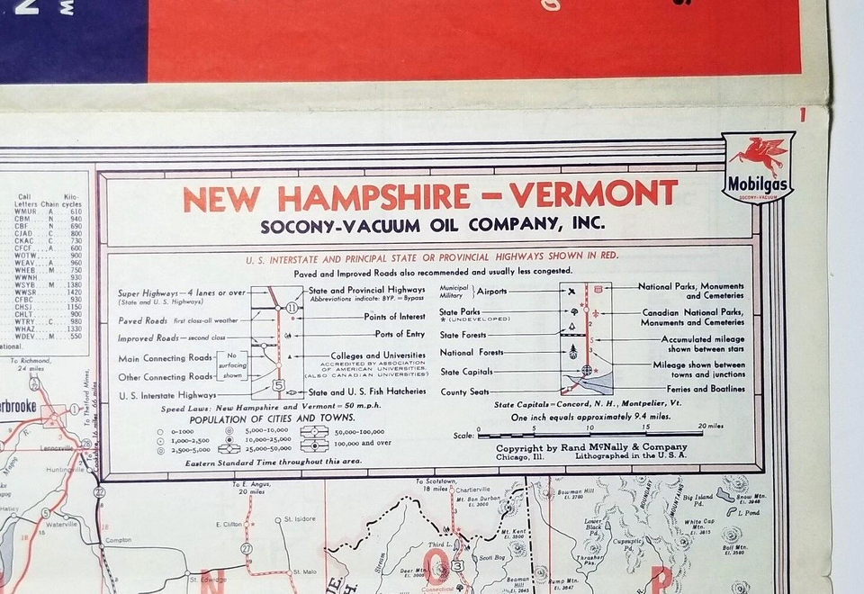Mobilgas Northern New England Fold Out Road Map Socony Mobil Oil Co ME ...