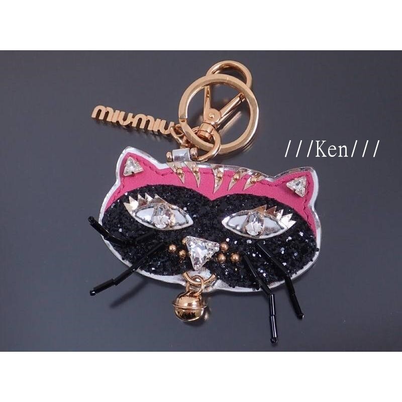 MIUMIU Key holder Key ring chain Bag charm AUTH Black Cat Trick Crystal ...