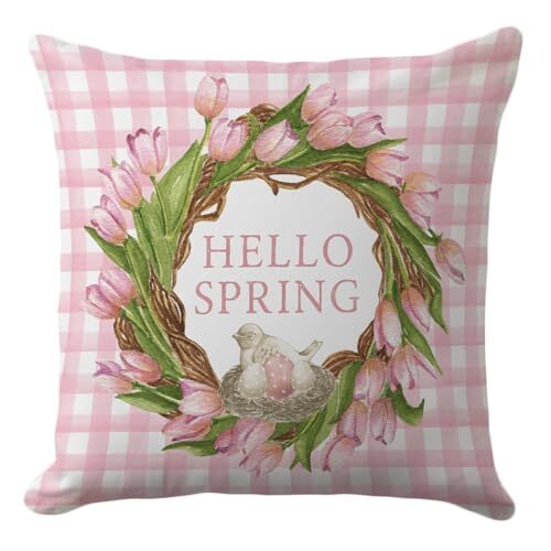 Hello Spring Pillow Cover 18 x 18 Inch - Pink Tulip Floral Wreath ...