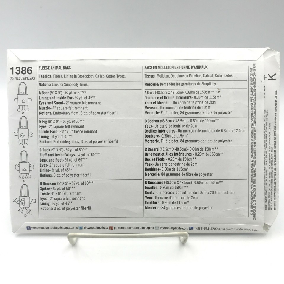 Simplicity 1386 Fleece Bags Dinosaur Duck Sewing Pattern Abby ...