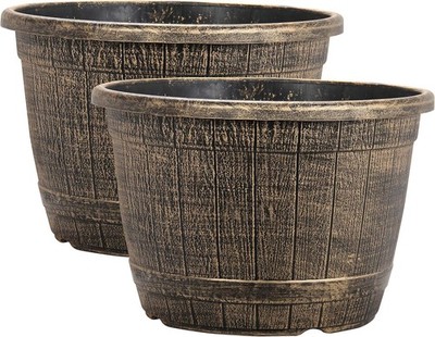 Muddy Hands Bronze Wooden Barrel Effect Plant Pot Round Plastic Planter ...