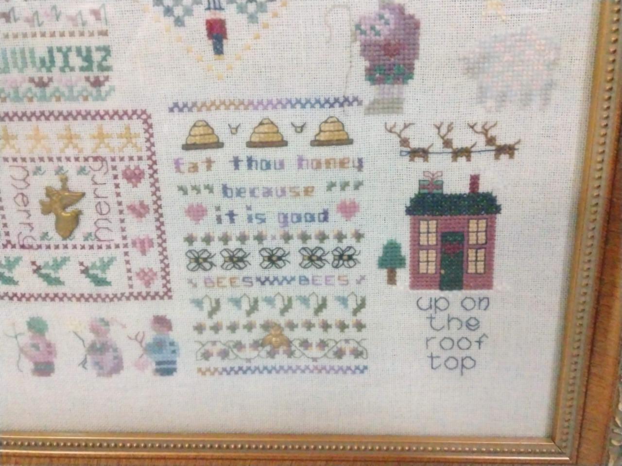 Vintage Embroidery SAMPLER 18" x 14" Gold Wood Frame with glass ...