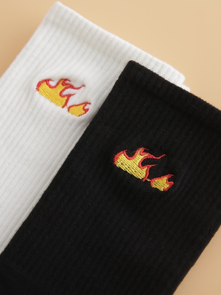 2pairs Flame Embroidery Decor Socks for Men Fun Socks Funky Socks ...