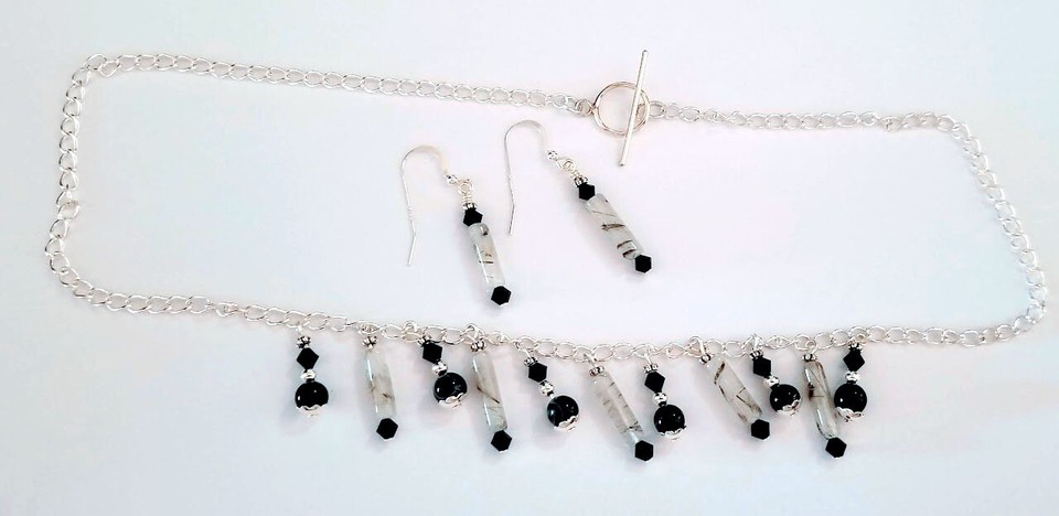 *SILVER LINING* QUARTZ CRYSTAL ONYX 18.5" BLACK GRAY NECKLACE EARRING ...