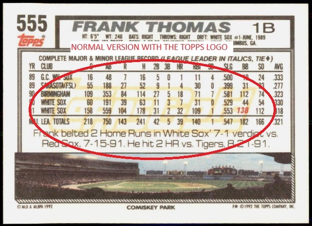 1992 Topps Gold #555 Frank Thomas - RARE ERROR CARD - FACTORY MISPRINT ...