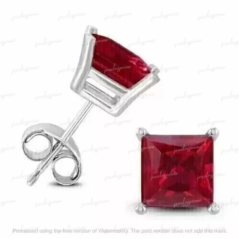 2CT Princess Cut Lab Created Ruby Engagement Stud Earrings 14K White ...