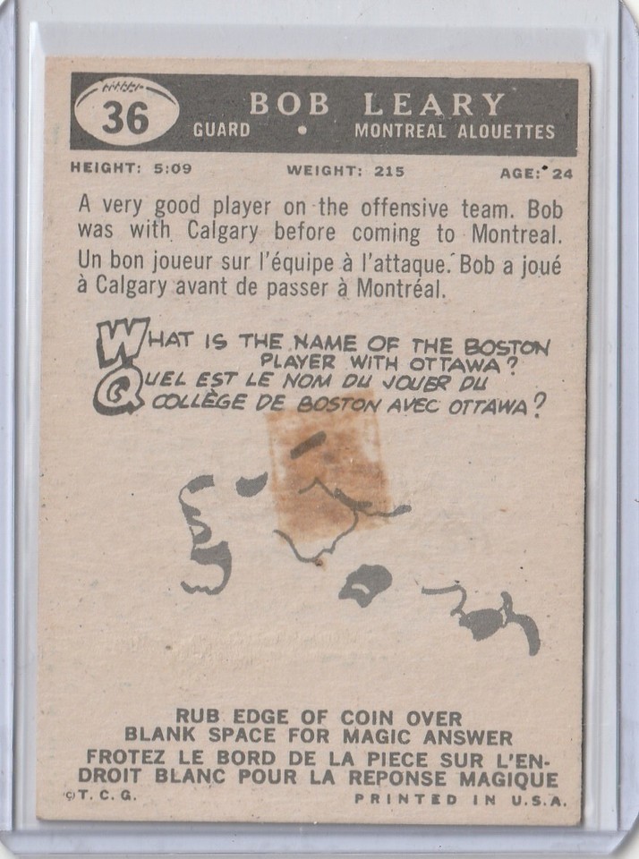 1959 Topps Bob Leary CFL Football Card #36 (Ex - with tape stain) | eBay