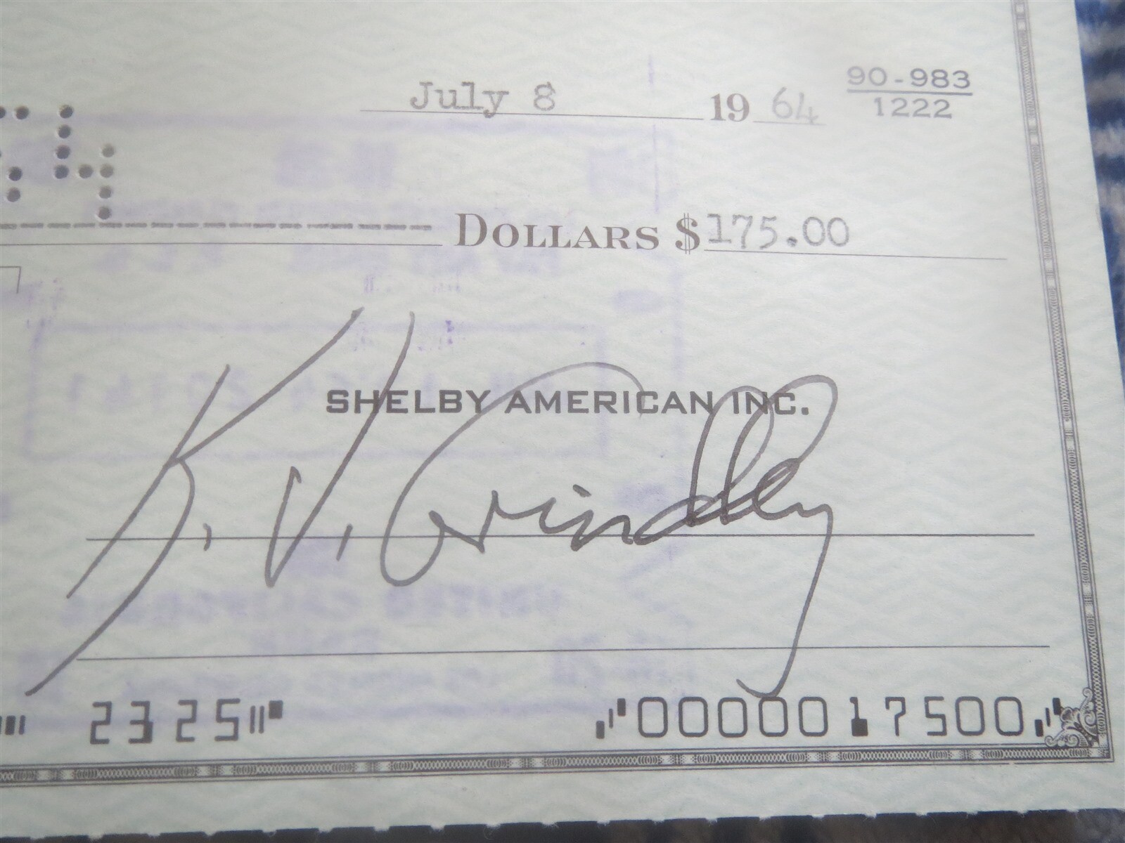 1964 SHELBY AMERICAN COMPANY CHECK TO OFFENHAUSER SALES CORP LOS ...