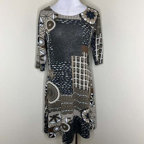 Sharon London Lucia Swing Dress Large Brown Knitted Mini Abstract Artsy ...
