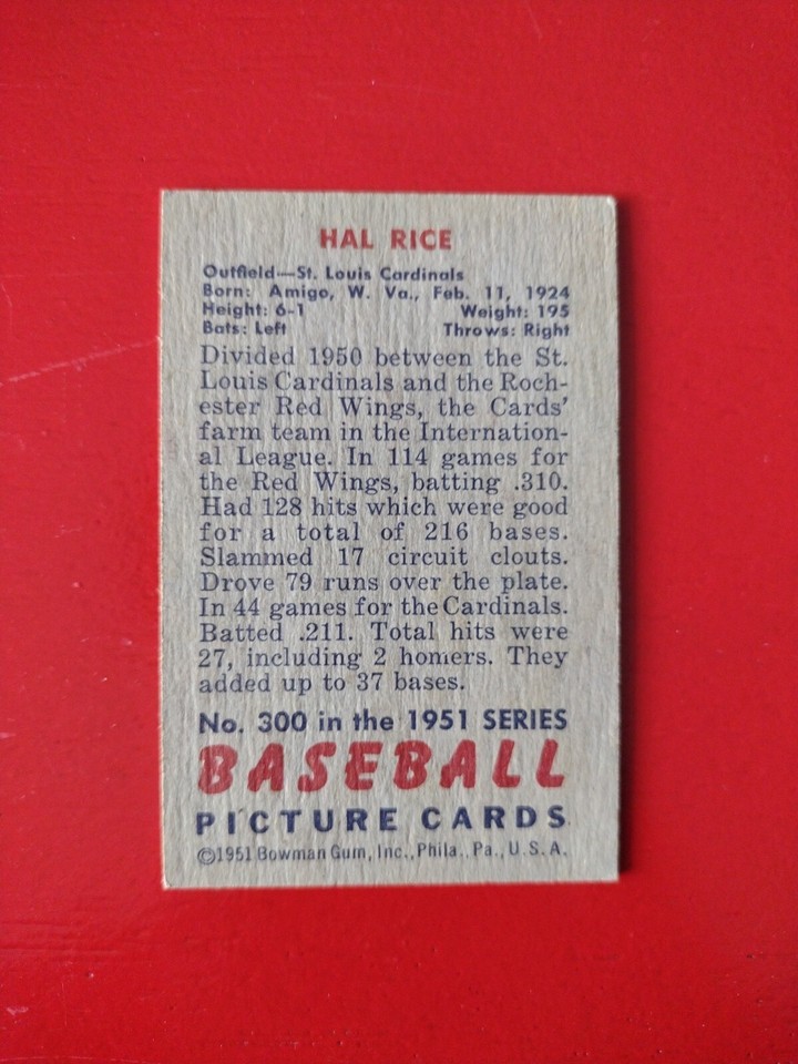 1951 Bowman #300 Hal Rice Rookie St Louis Cardinals EXMT | eBay
