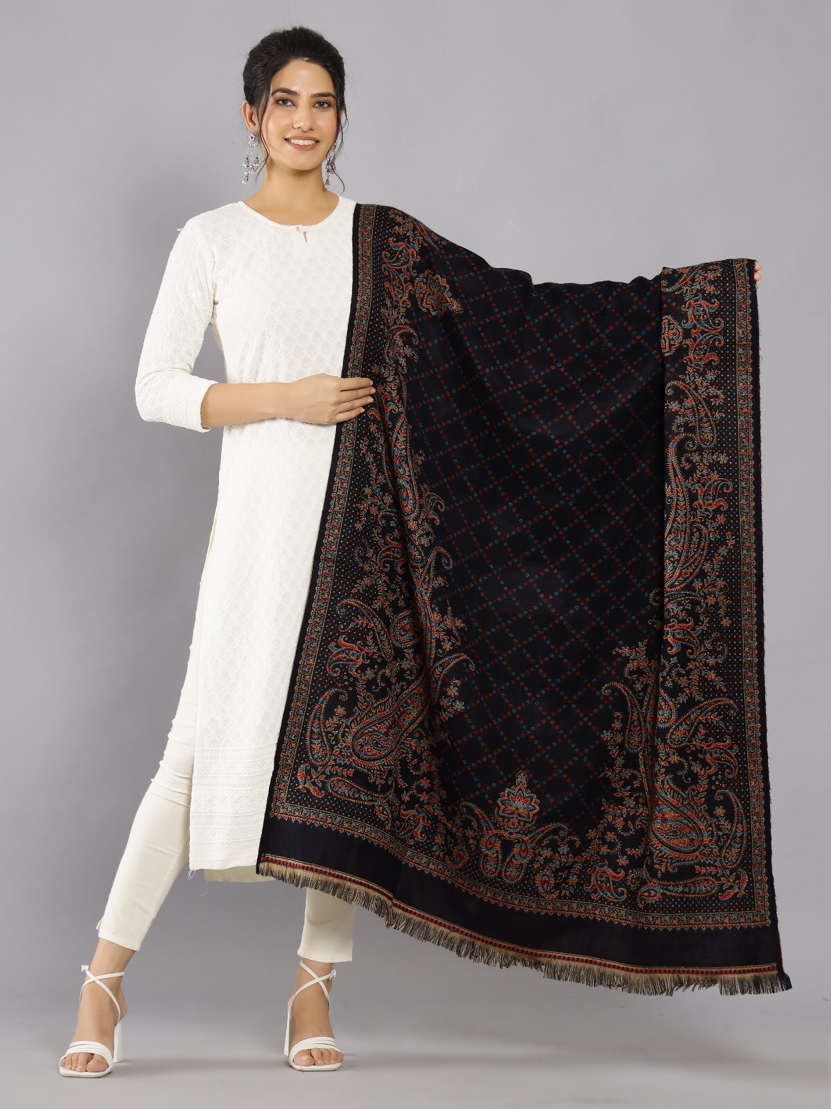 Womens Oversize 100% Cashmere Indian Wool Blanket Shawl Wrap Black ...