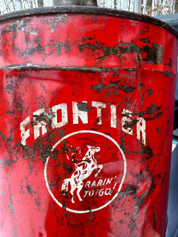 Vintage Rare Frontier Motor Oil 5 gallon Can with Cowyboy on horse ...