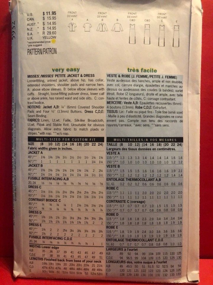 Butterick Pattern 5932 MISSES & PETITE JACKET & DRESS Sz 8-12 Slit ...